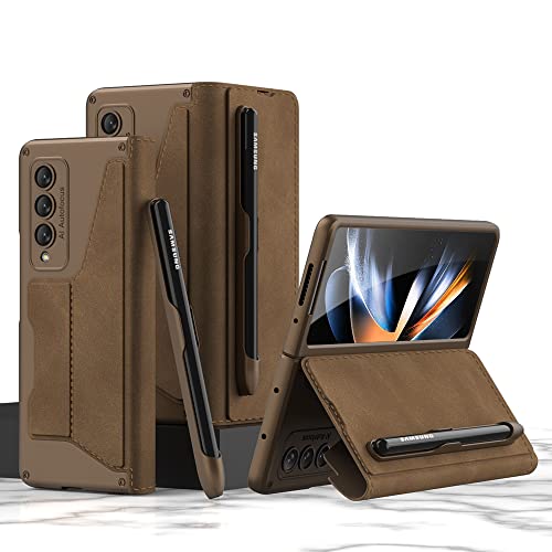 BAILI Galaxy Z Fold 3 Case with S Pen Slot,Galaxy Z Fold3 Flip Holster with S Pen Holder and Attached Card Slot,Instantly Converts Into Phone Bracket Cover for Samsung Z Fold 3-Cloud Brown