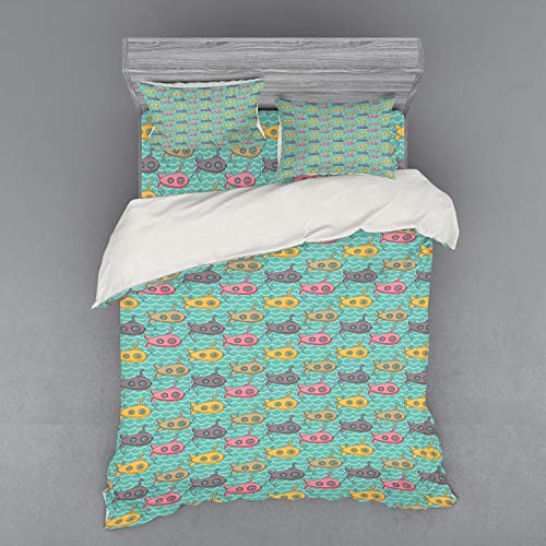 Ambesonne Submarine Bedding Set, Colorful Cartoon Submarines Under The Sea Nautical Fun Pattern Composition, 4 Piece Duvet Cover Set with Shams and Fitted Sheet, California King, Multicolor