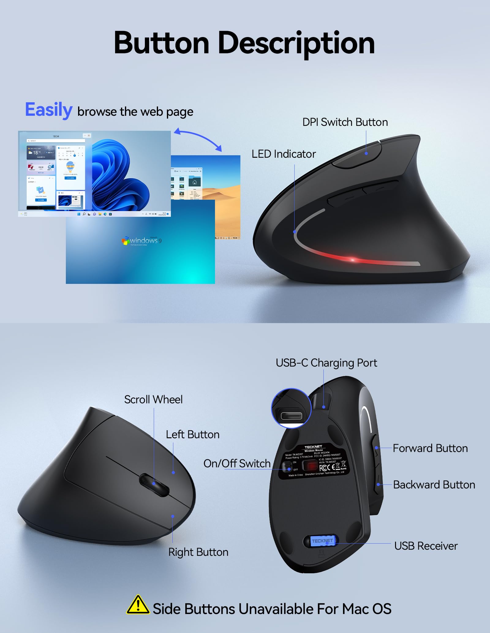 TECKNET Ergonomic Mouse, Rechargeable Vertical Ergo Mouse Wireless, Silent 2.4GHz 6 Buttons Optical Carpal Tunnel Mouse, 5 Adjustment Levels, Up to 4800DPI Wireless Mouse for Laptop, Desktop, PC