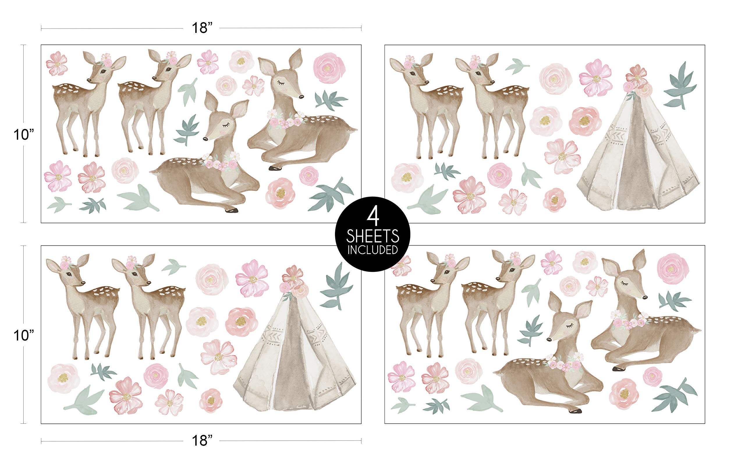 Boho Woodland Deer Floral Peel and Stick Wall Decal Stickers Art Nursery Decor by Sweet Jojo Designs - Set of 4 Sheets - Blush Pink, Mint Green and White