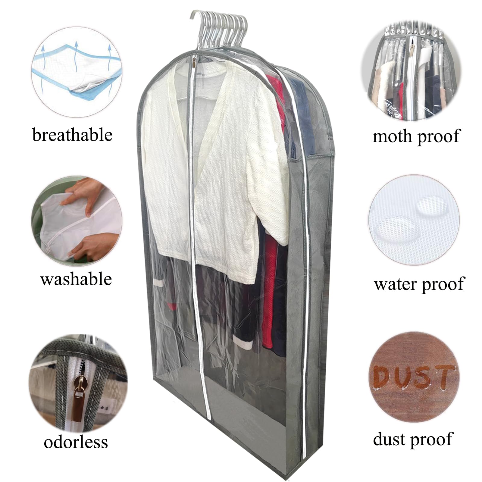 Garment Bags for Hanging Clothes with 6.3" Gusset, 40" Suit Bags for Closet Storage, Clear Moth Proof Suits Covers and Side Zipper Protector for Jacket, Coat, Sweater, Shirts, Clothing, Grey/3 Packs