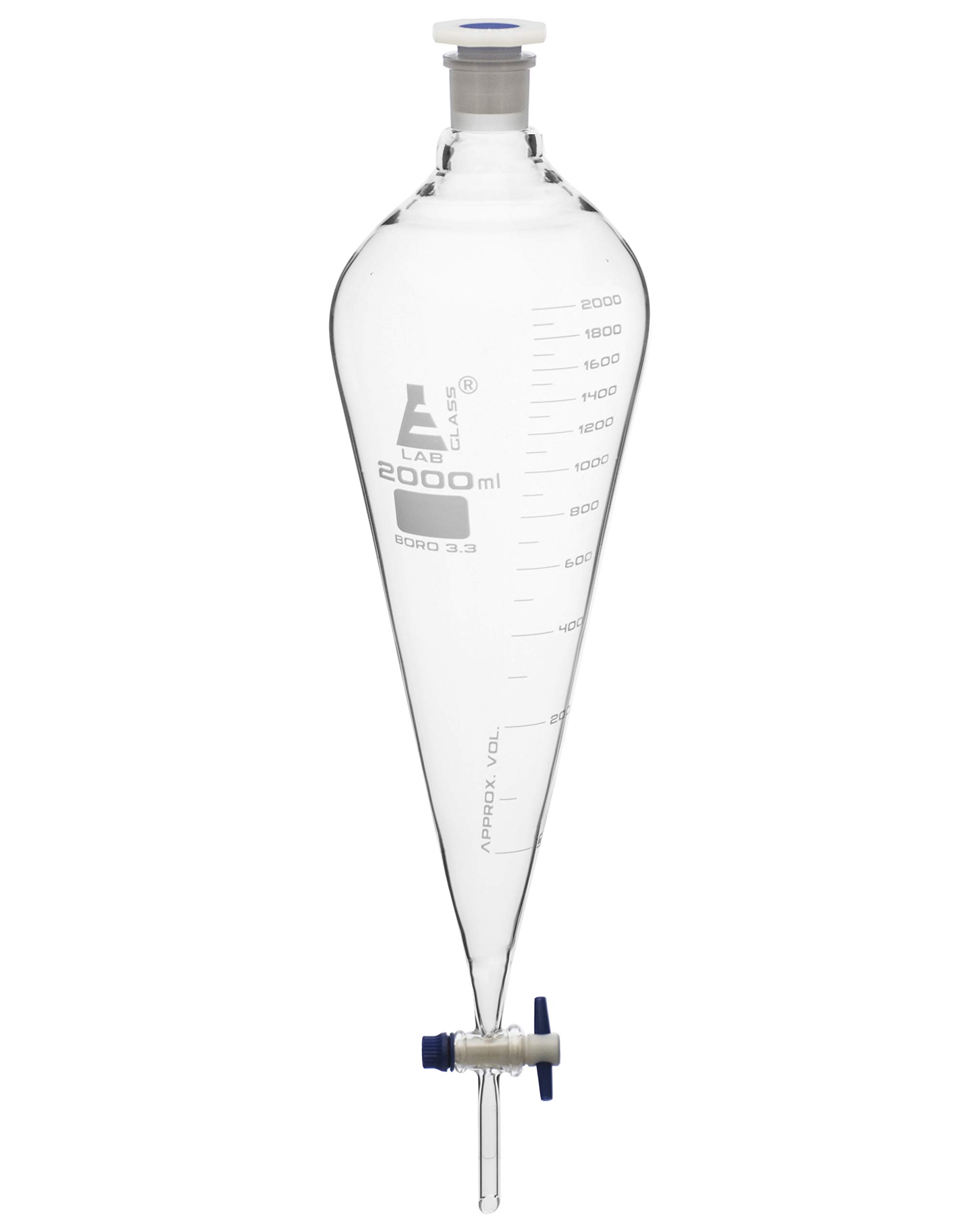 EISCO Squibb Separating Funnel, 2000ml - 29/32 Plastic Stopper, PTFE Key Stopcock, Graduated - Borosilicate Glass