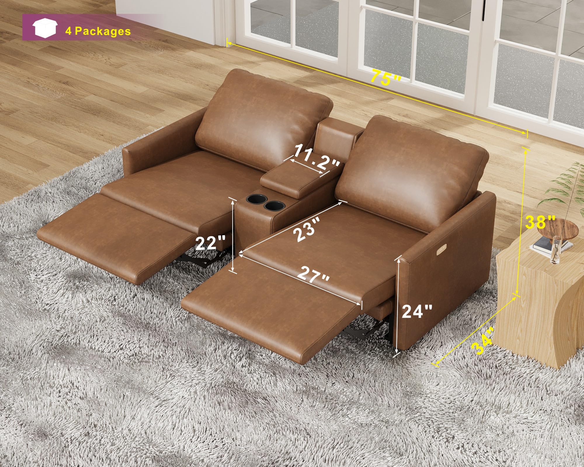 AMERLIFE Power Recliner, Reclining Sectional Sofa with Console& Dual Recliner, Loveseat Recliner Couch with Cup Holder& Charging Socket, Leather Modular Sofa for Living Room