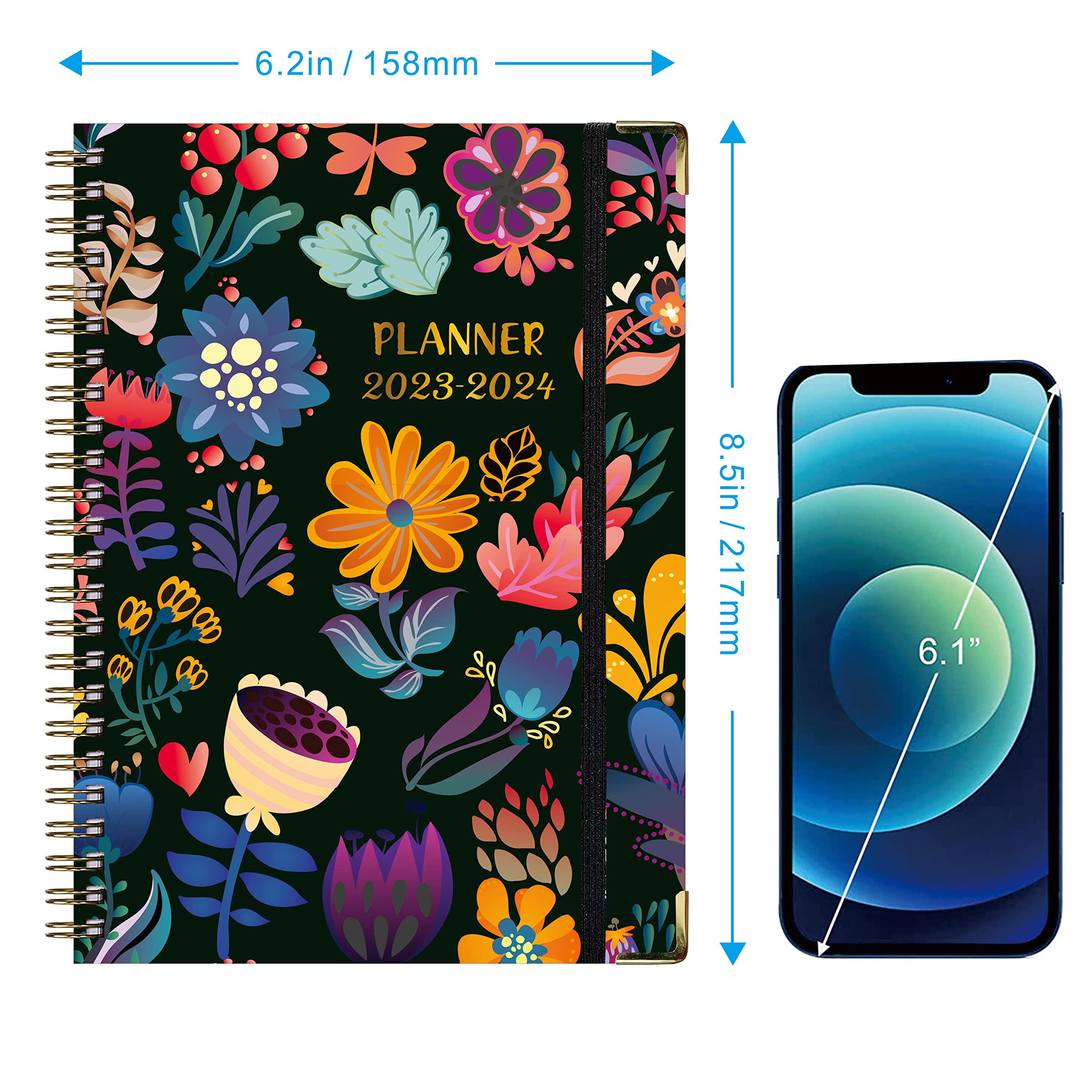 2023 Planner, Jul. 2023 – Jun. 2024, Academic Planner 2023-2024, 8.4" x 6.2" with Weekly & Monthly Spread, Spiral Planner Notebook, Elastic Closure, Inner Pocket, Coated Tabs, Floral