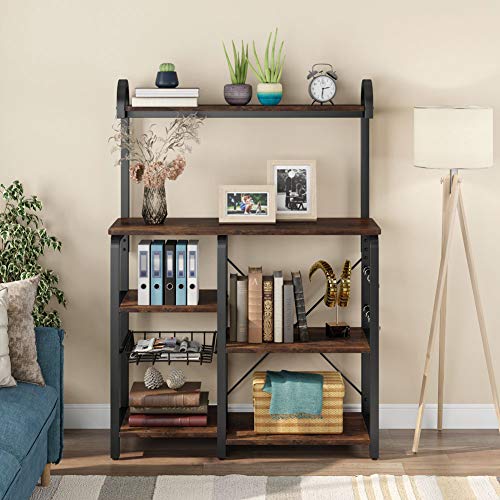 Tribesigns 35.5 inches Kitchen Baker’s Rack Microwave Oven Stand, Industrial Kitchen Cart Utility Storage Shelf Organizer Coffee Bar with Wire Basket and 6 Hooks (Rustic Brown)