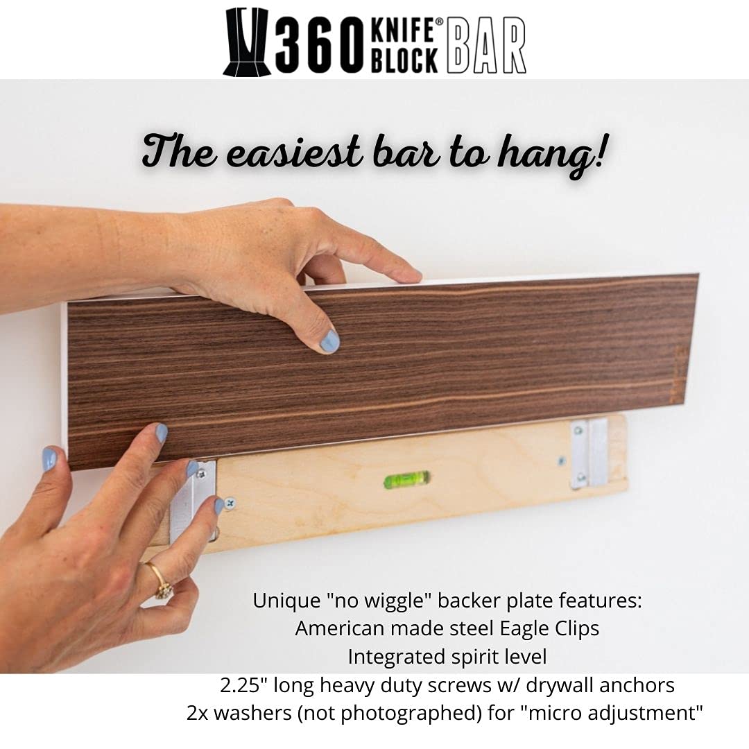 360KnifeBlock BAR - (walnut & blue) 4”x16” wall mount knife BAR - integrated level, steel clips, 2” screws
