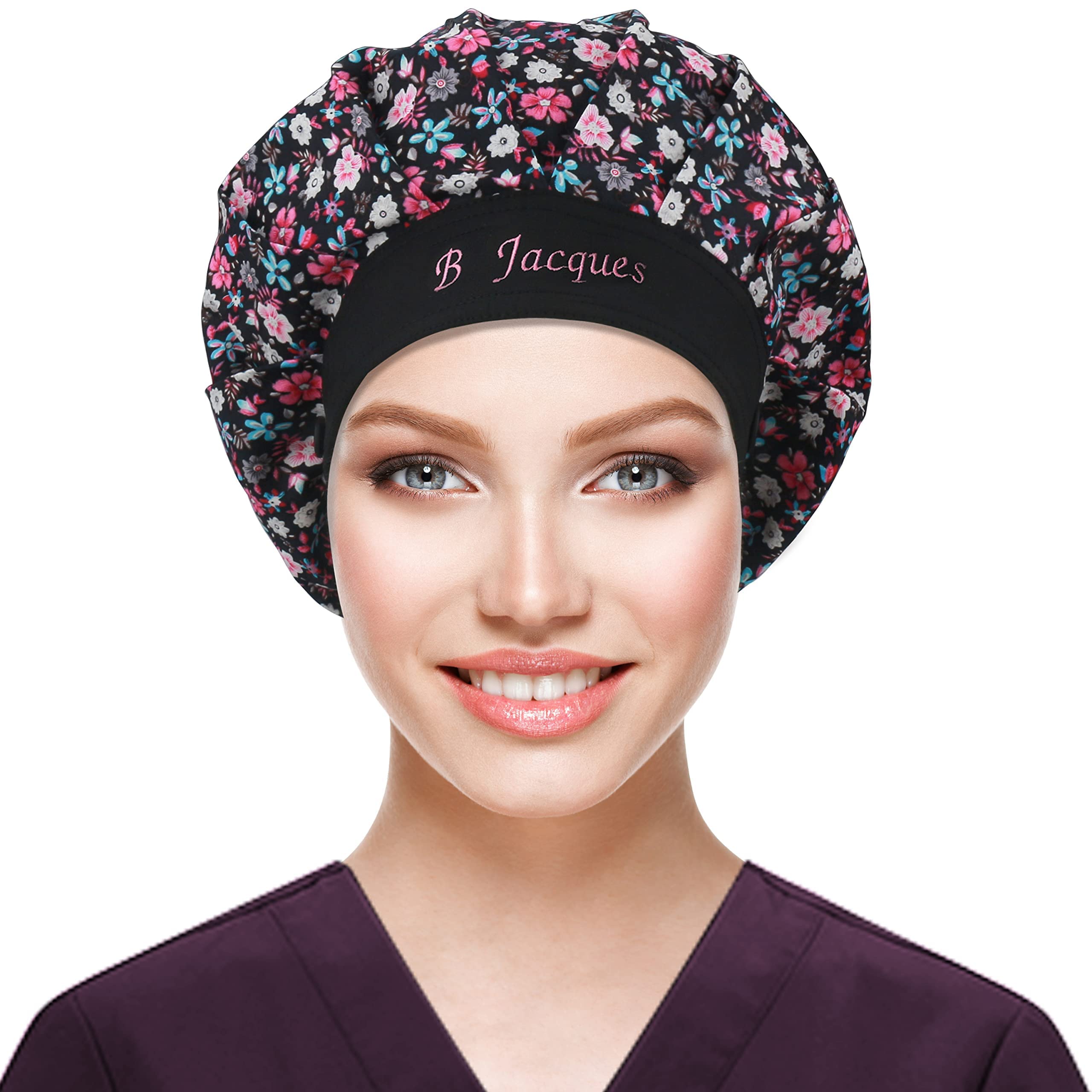 ABAMERICA 2 Pack Bouffant Caps with Button and Sweatband, Adjustable Scrub Caps for Women Men, One Size Fits All
