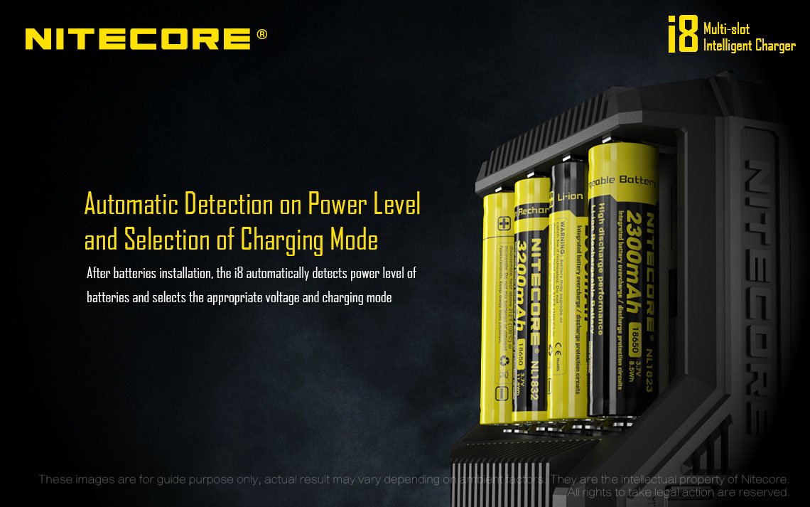 EdisonBright NITECORE i8 Eight Bays Smart Battery Charger for Li-ion/IMR/Ni-MH/Ni-Cd 26650 22650 18650 18490 18350 16340 RCR123 14500 AA AAA AAAA C D USB BBX3 Battery Carry case