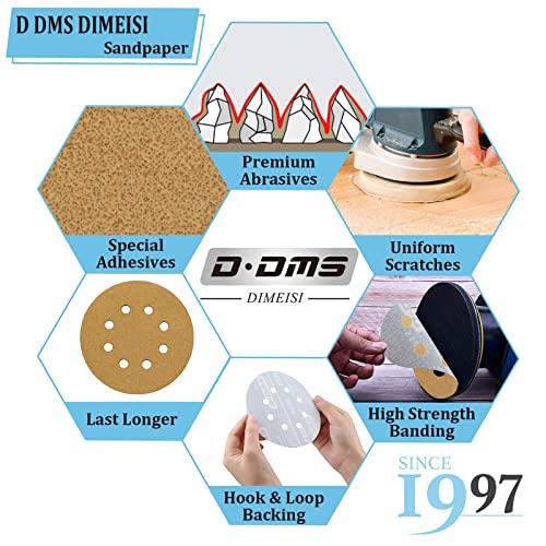 362X - 5 Inch 8 Hole Gold Sanding Discs, 10 Each of 80 120 220 320 400 Grit Sandpaper Discs, 50PCS Hook and Loop Orbital Sander Pads for Woodworking - D DMS DIMEISI