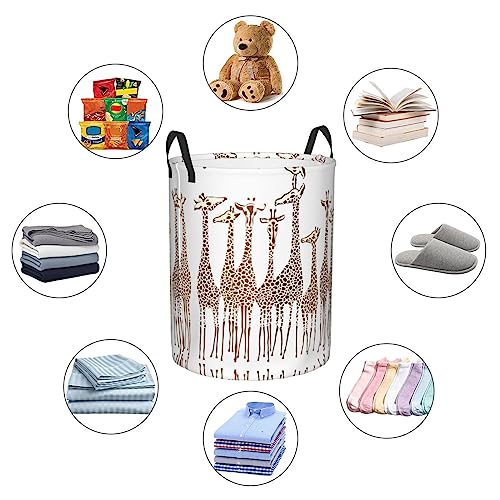 Cute Wild Cartoon Giraffes Printed Round Laundry Hamper,Collapsible Clothes Hamper Storage With Handle,Canvas Fabric Waterproof Storage Bin