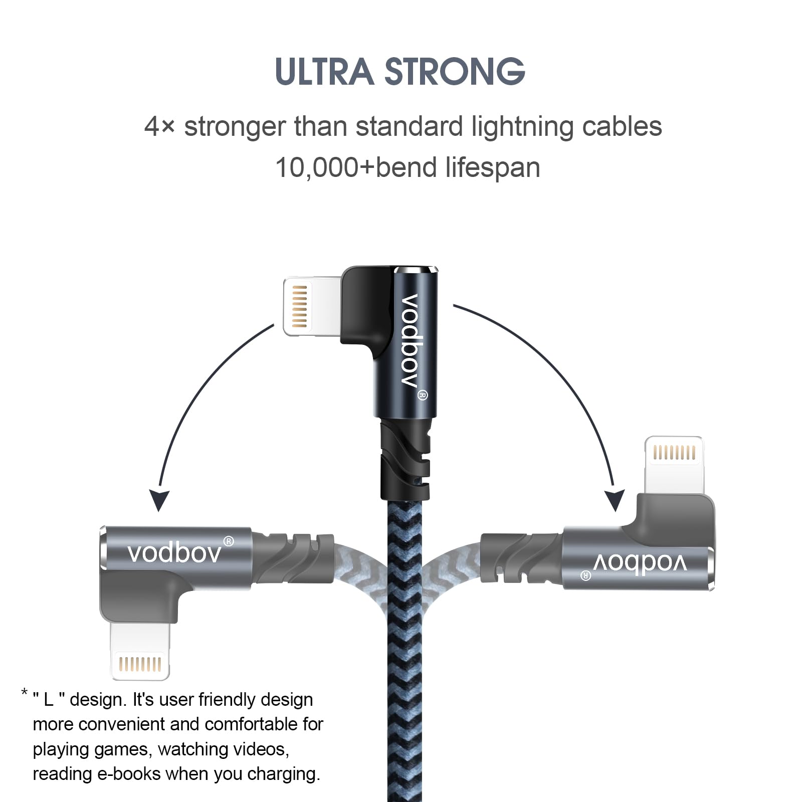 VODBOV iPhone Charger Lightning Cord 3Pack 1FT 3FT 6FT Right Angle MFi Certified Cable Braided USB Charging Wire High Speed Black