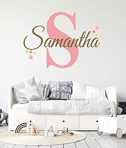 CuteDecals Custom Name and Initial with Flowers Wall Decal - Personalized & Art Mural Girls Decor Stickers for Nursery Bedroom Decoration (Mini Wide 16 inchx10 inch Height)