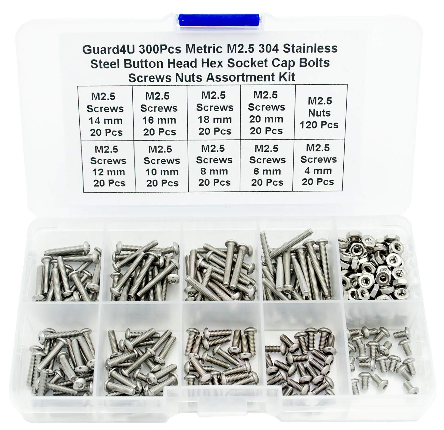 Guard4U 300Pcs Metric M2.5 304 Stainless Steel Button Head Hex Socket Cap Bolts Screws Nuts Assortment Kit- M2.5 x 4mm/ 6mm/ 8mm/ 10mm/ 12mm/ 14mm/ 16mm/ 18mm/ 20mm