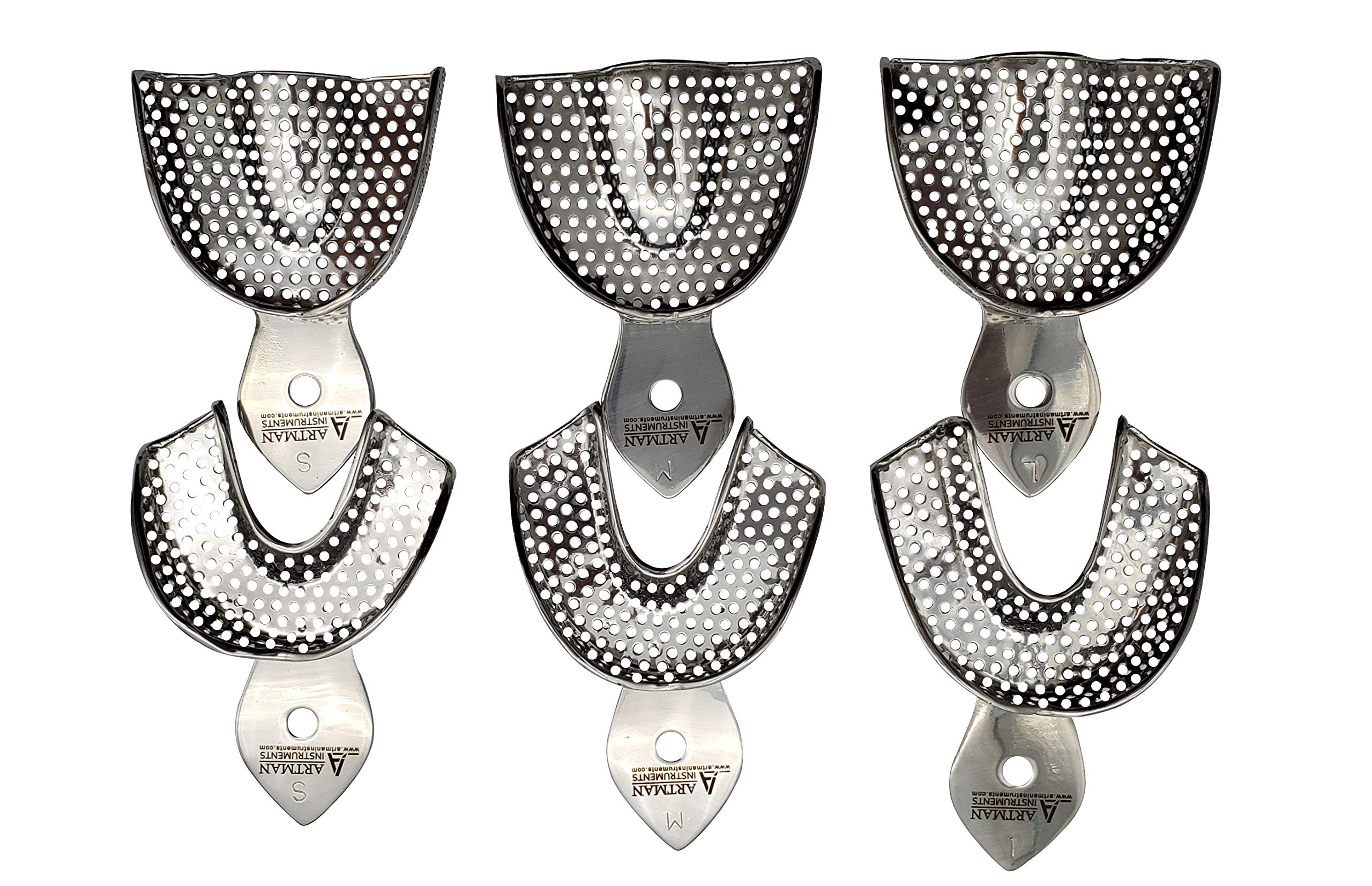 ARTMAN INSTRUMENTS Dental Impression Trays β Set of 6 Stainless Steel, Perforated, Autoclavable Trays (Small, Medium, Large) for Upper & Lower Teeth β Durable, Reusable, Rounded Margins for Comfort