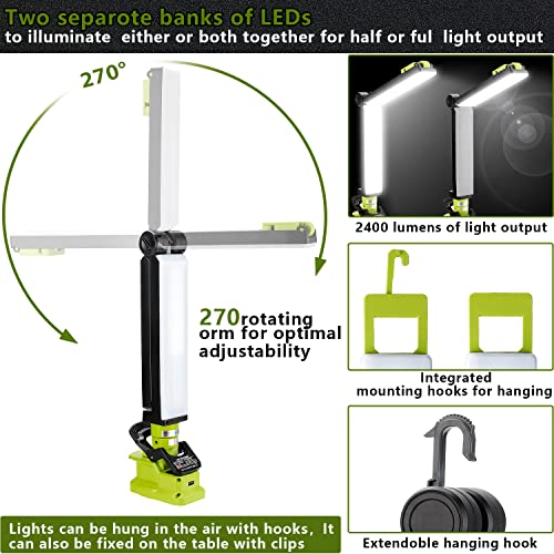 Gerttilyon 30W LED Work Light for Ryobi 18v Battery Cordless 270 Degree Rotating LED Work Light with Integrated Mounting Hooks for Car Repairing,Camping,Emergency and Job Site Lighting