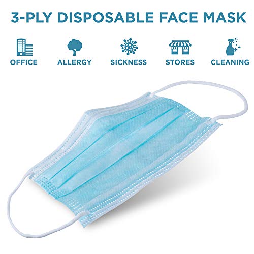 WAVE Essentials Blue Disposable Face Masks | Indoor/Outdoor Protective Nose & Mouth Coverings with 3-Layer Safety Shield, Elastic Ear Loops & Comfortable Universal Design for Adults & Kids | Bulk Pack of 50