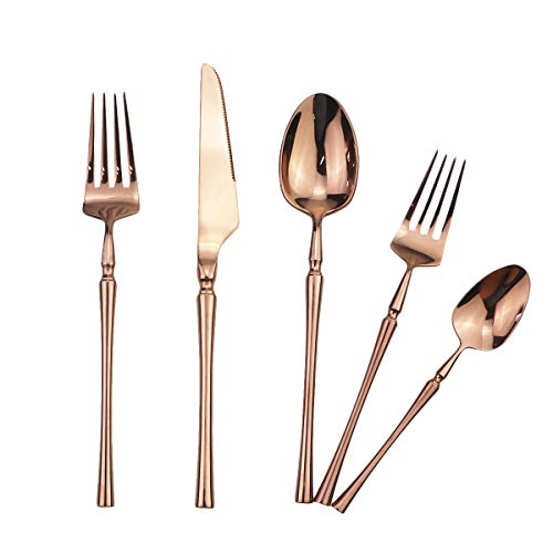 Gugrida Copper Silverware Set, 5-Piece 18/10 Stainless Steel Flatware Cutlery Set for 1,Mirror Finish, Ideal for Wedding Festival Party Home Kitchen, Dishwasher Safe
