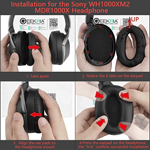 Geekria QuickFit Protein Leather Replacement Ear Pads for Sony WH-1000XM2, MDR-1000X Headphones Earpads, Headset Ear Cushion Repair Parts (Black)