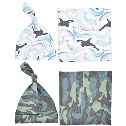 Newborn Swaddle Blankets with Beanie Hat 4 Pack Set for Boys Whale+Camouflage Baby Receiving Blanket