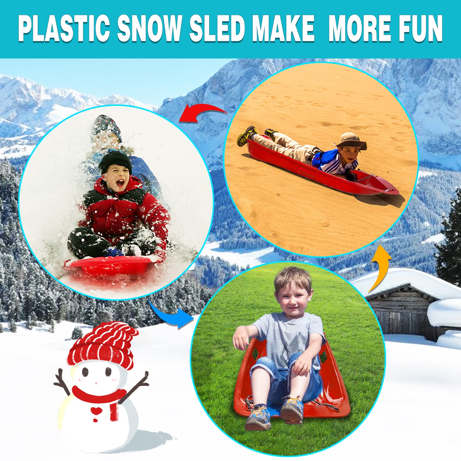 35“Plastic Snow Sled, Sleds for Kids and Adults with Handles (1-Pack)