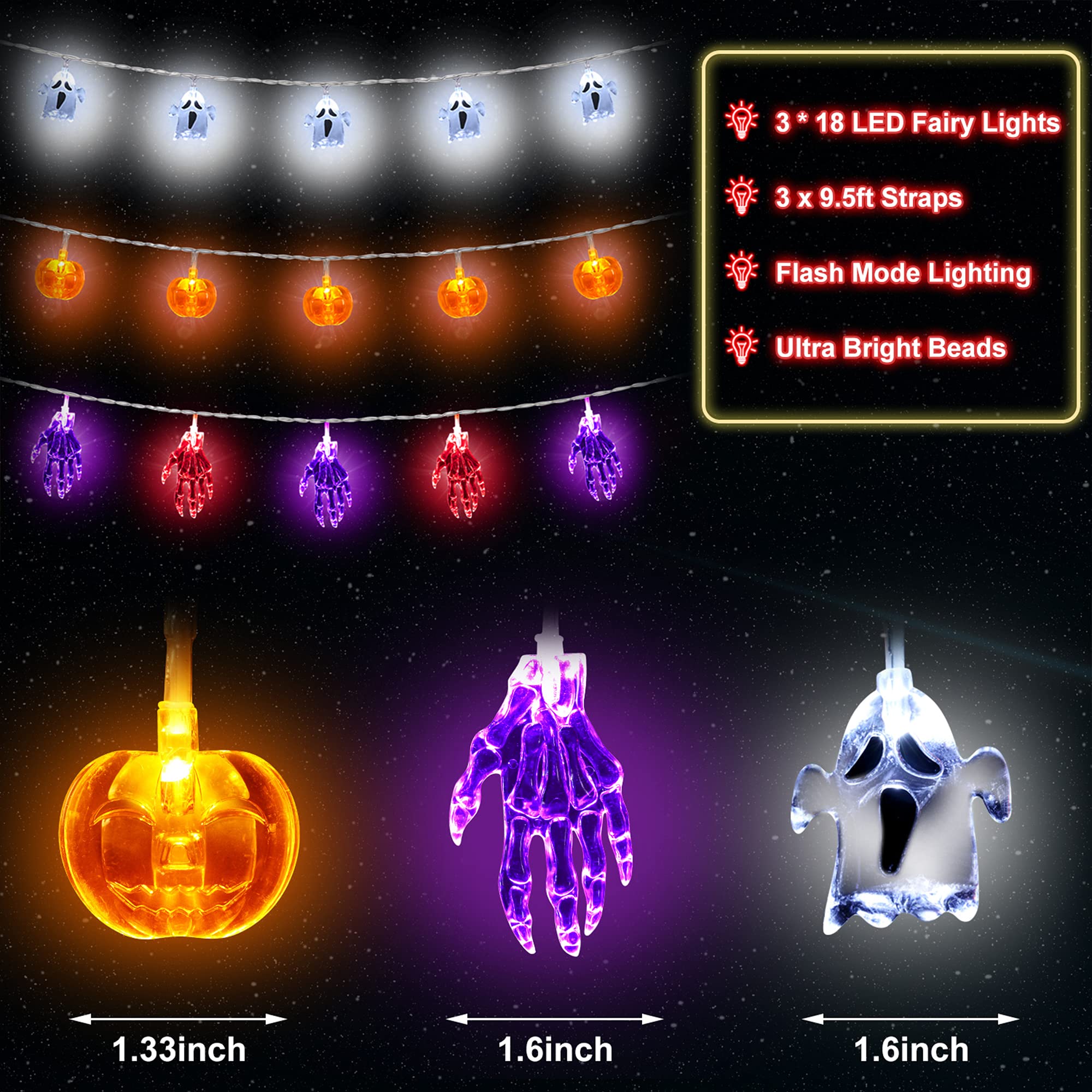 3Pcs Halloween Spooky Decorative String Lights, 54 LED 9.8ft Battery Powered Hand Ghost Pumpkin Party Light String Halloween Decorations for Lawn Garden Porch Door Window Wall Home Halloween Decor