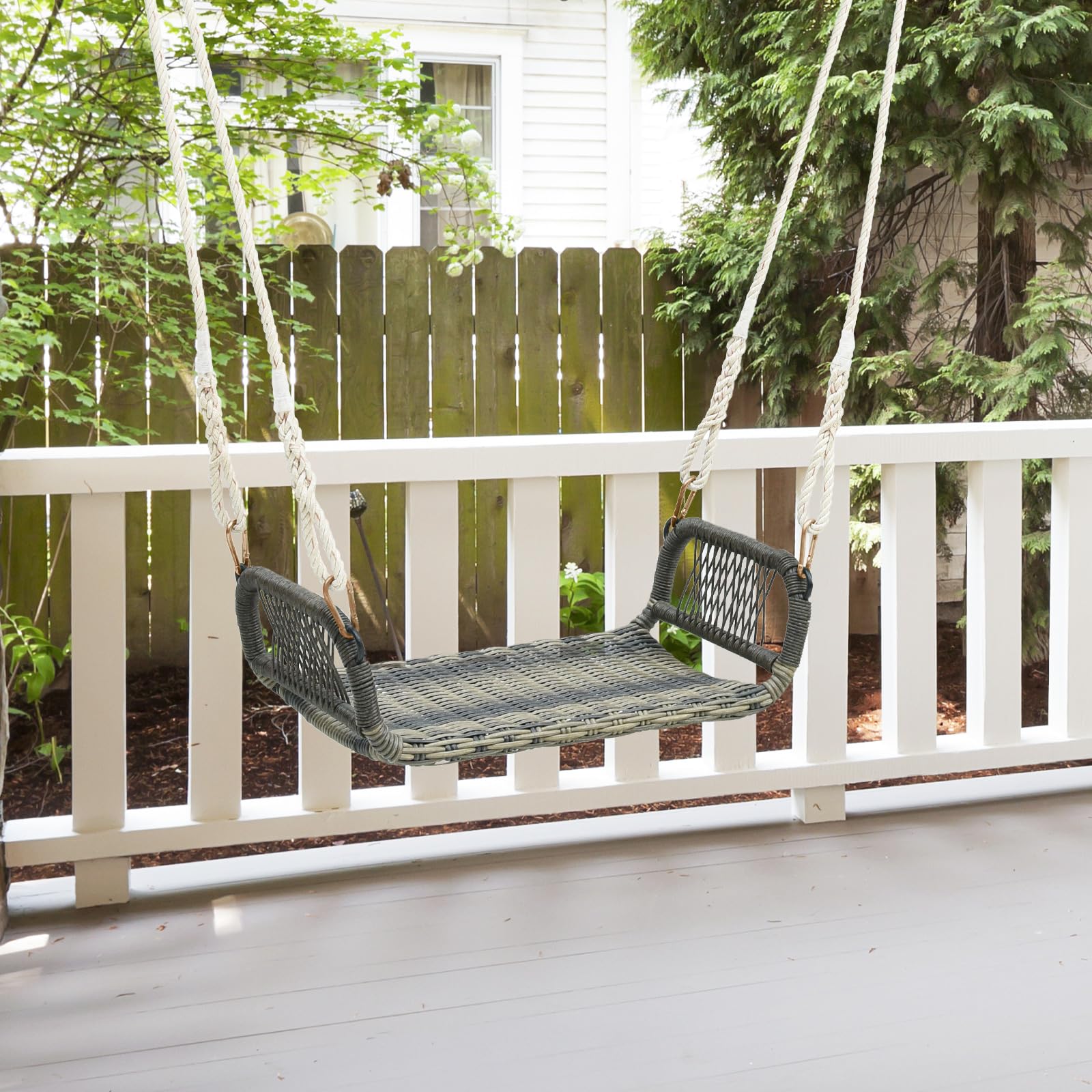 HAPPYGRILL Wicker Porch Swing, Curved Rattan Swing Seat with Cozy Armrests, Patio Wicker Tree Swing with 2 Hanging Hemp Ropes, Outdoor Swing Chair for Front Porch Backyard