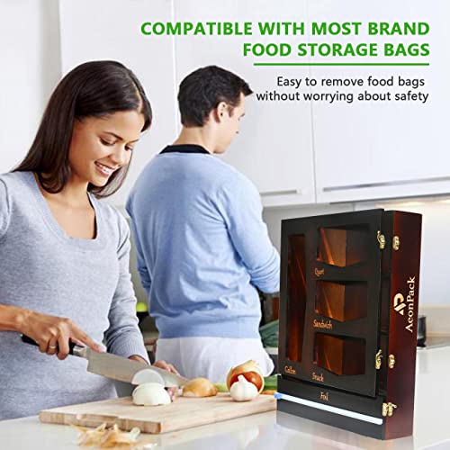 AeonPack Bamboo Ziplock Bag Organizer for Drawer - Flip Top Food Baggie Organizers for Kitchen Drawers - Foil and Plastic Wrap Storage Dispenser - Gallon, Sandwich, Snack, Quart Bag Holder - 15.5x13x3