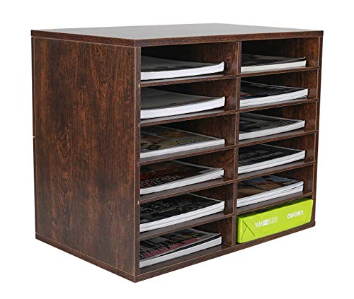 PAG Wood Desktop Literature Organizer Adjustable File Sorter Mail Center Magazine Holder Paper Storage Cabinet Classroom Keepers Mailbox for Office Home School, 12 Compartments, Brown