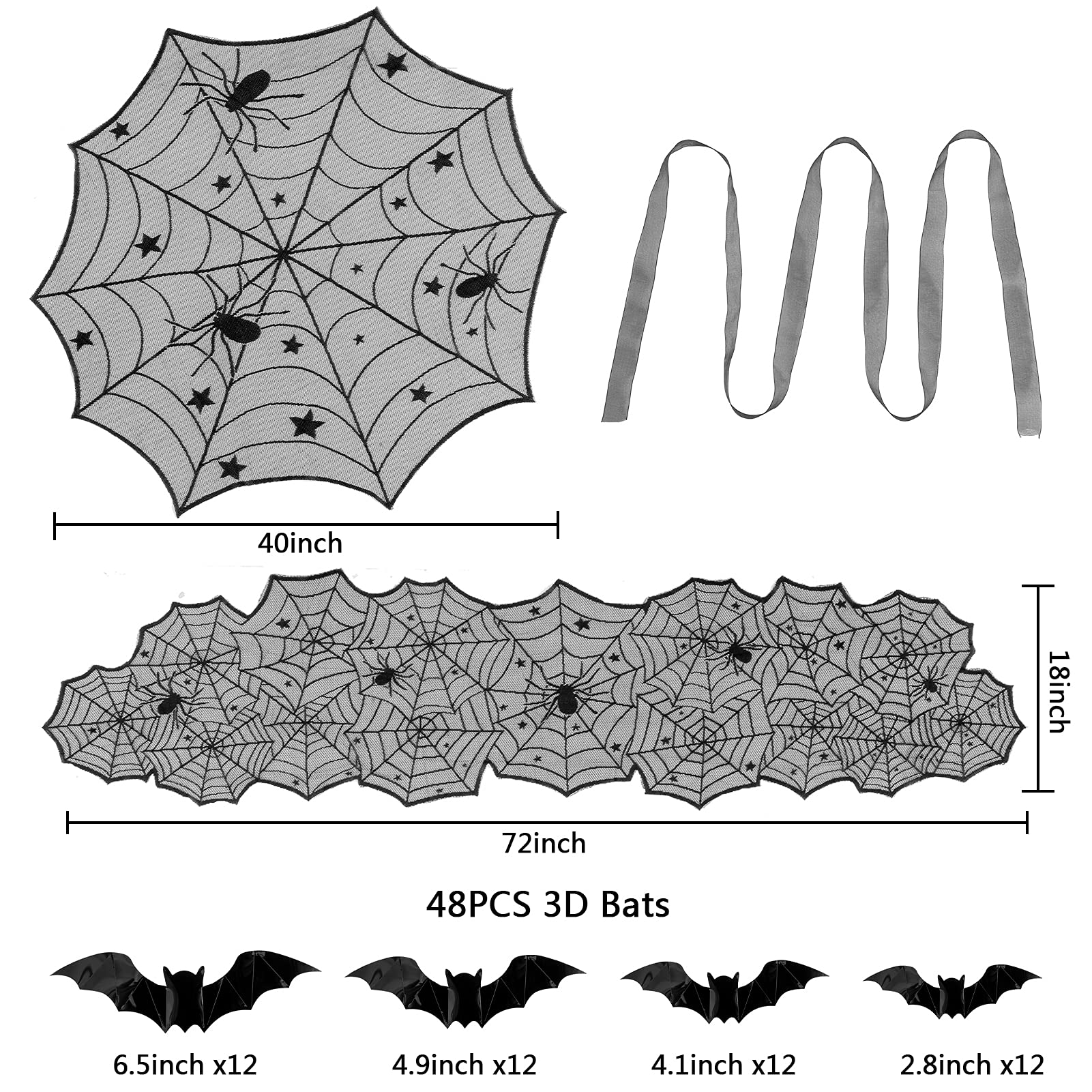 5 Pack Halloween Decorations Tablecloth Set, Black Lace Table Runner Round Spider Cobweb Table Cover Fireplace Mantel Scarf Spiderweb Lampshade with 48pcs Scary 3D Bat for Halloween Party Decor