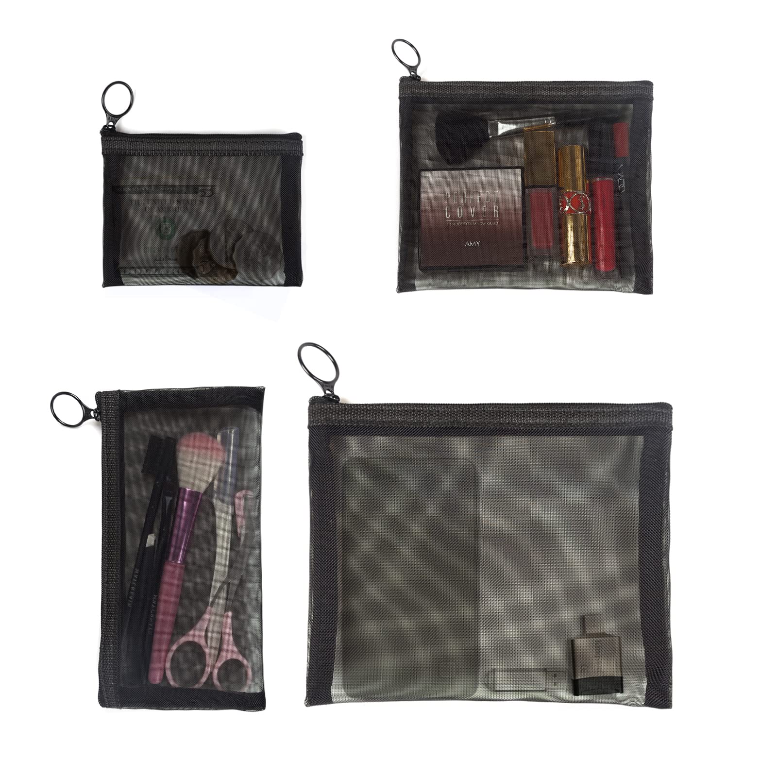 Patu Zipper Mesh Bags, Pack of 4 (S/M/L & Pencil Pouch), Beauty Makeup Cosmetic Accessories Organizer, Travel Toiletry Kit Set Storage Case, Black