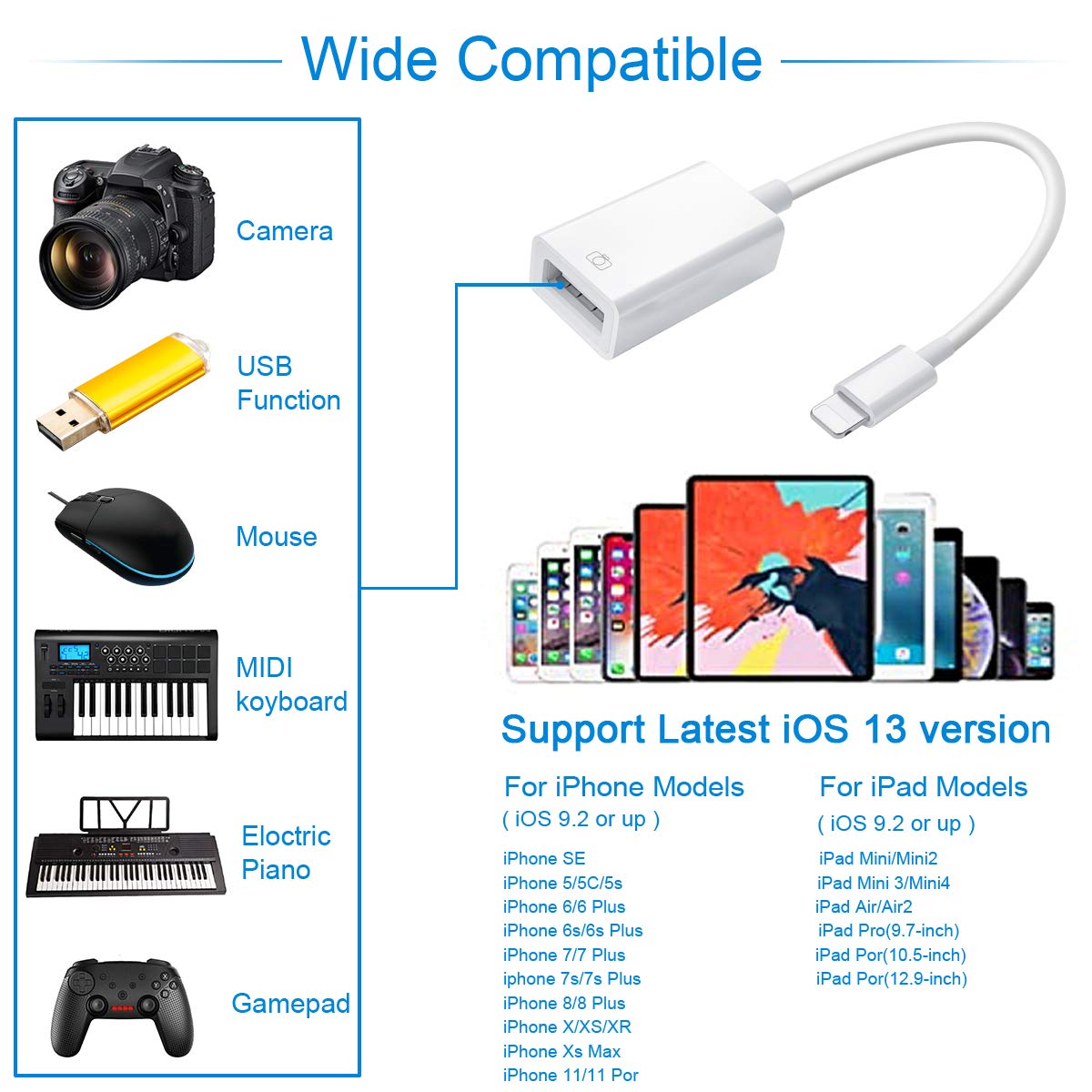 WORLDBOYU Lightning to USB Camera Adapter Lightning Female USB OTG Cable Adapter for Select iPhone,iPad Models Support Connect Camera, Card Reader, USB Flash Drive, MIDI Keyboard, White