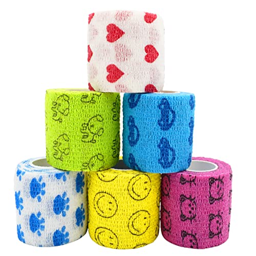 Stmandy Vet Tape wrap, wrap Bandage 2 inch 6 Rolls,Adhesive wrap Bandage for The Person or The Pets (cat,Dogs,Horse and Other Animal) who was injure or Have Wounds (Cartoon 6pcs)