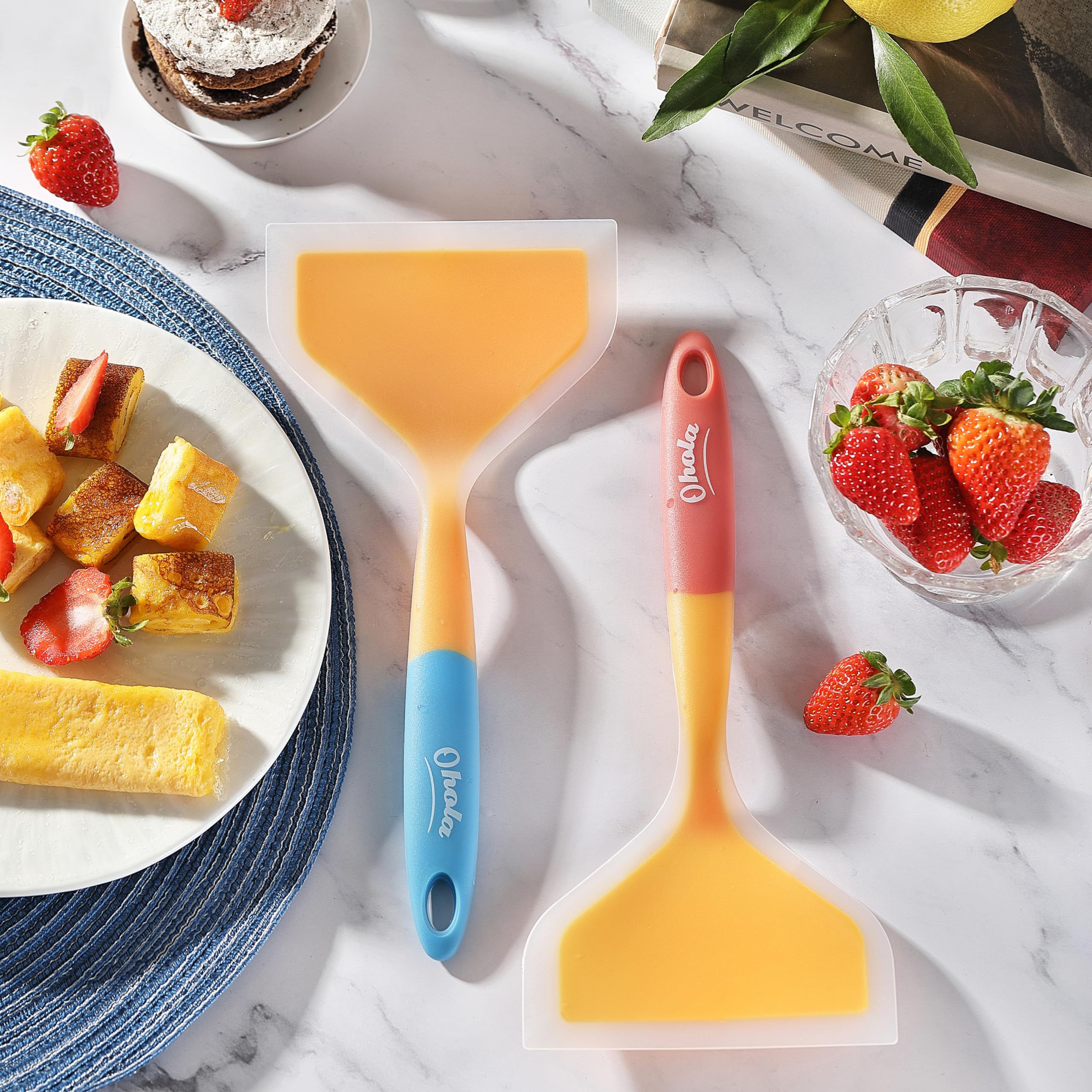 2PCS Wide Silicone Spatulas, OHOLA Heat Resistant Silicone Spatula Set, Kitchen Spatula for Pancake, Eggs, Fish and more, Flexible Turner with Short Handle, BPA-FREE, Dishwasher Safe (Multi-Color)