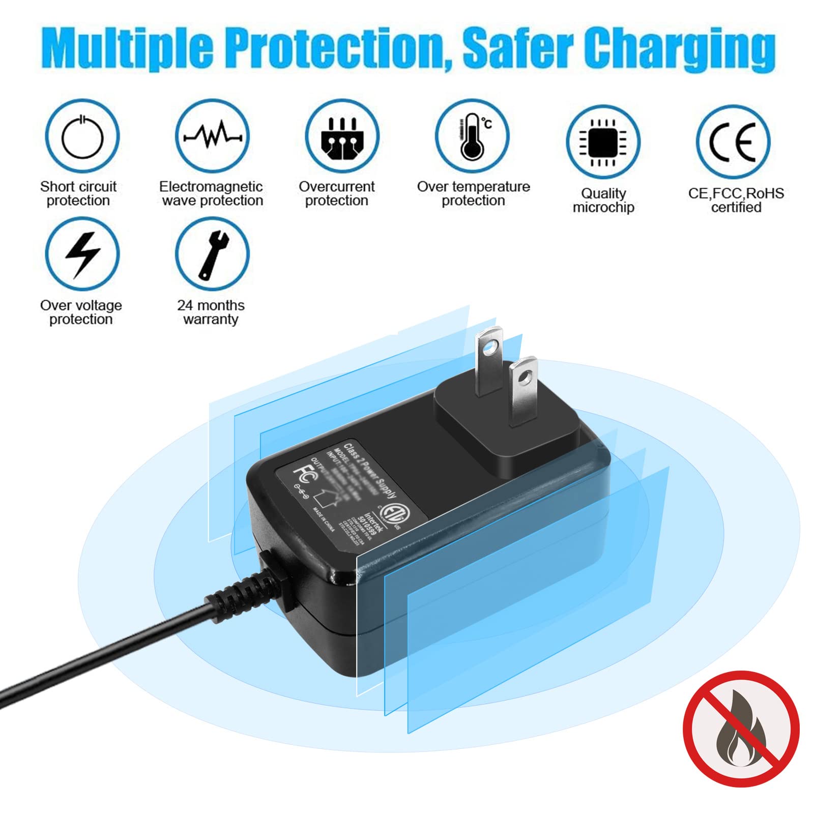 TKDY 12V 2A DC Power Supply AC Adapter Cord with Switch, 100-240Vac to DC 12 Volt 2 Amps 24W Transformer, for DC12V Yamaha Keyboard 12Vdc Record Player Massager LED Strip Lights Router Soundbar.