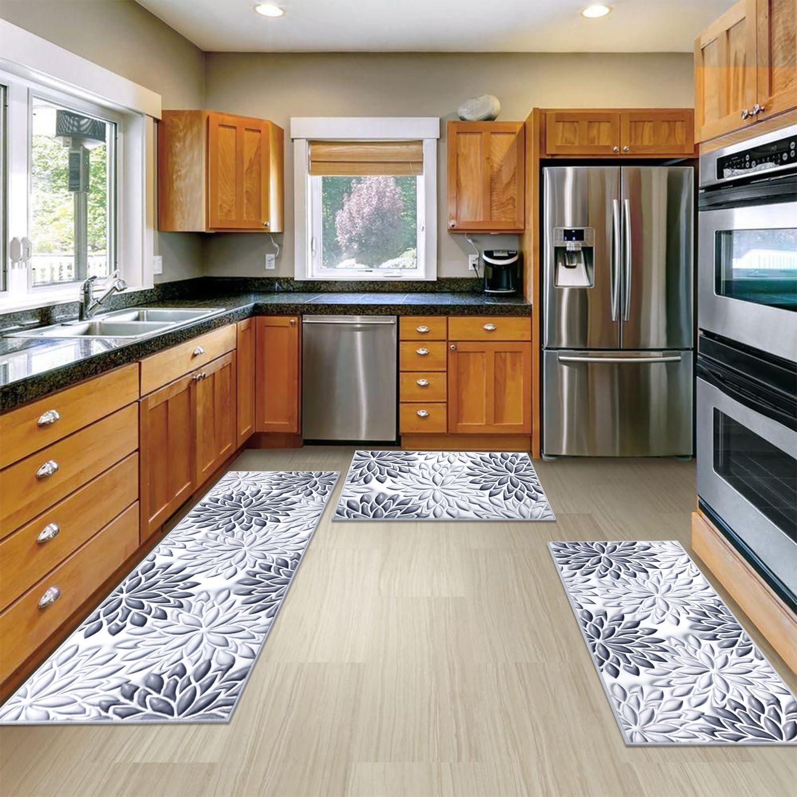 Vaukki Floral Kitchen Rug Sets 3 Pieces, Washable Kitchen Mats for Floor, Non Slip Soft Kitchen Area Rug Floor Mat for Kitchen, Laundry Room and Hallway (Grey, 20''x32''+20''x47''+20''x59'')