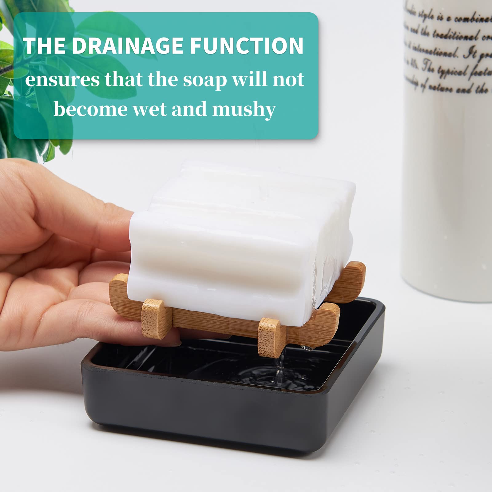 Wooden Bamboo Square Soap Dishes for Bar Soap Holder for Shower with Drain for Bathroom Small Soap Dish Detachable(Double Pack Right Angle Black)