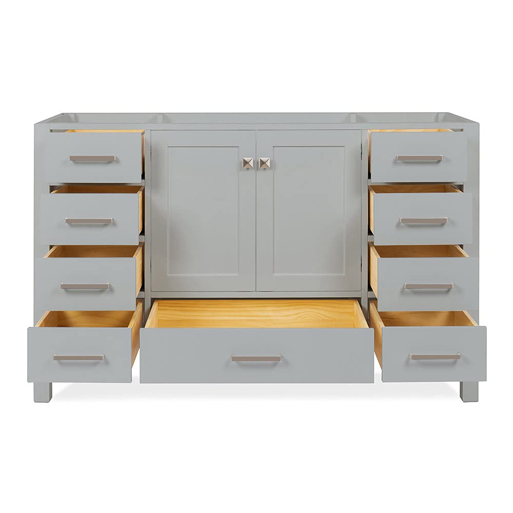 ARIEL 54" Grey Bathroom Vanity Base Cabinet, Single Sink Configuration, 2 Soft Closing Doors, 9 Full Extension Dovetail Drawers, Brushed Nickel