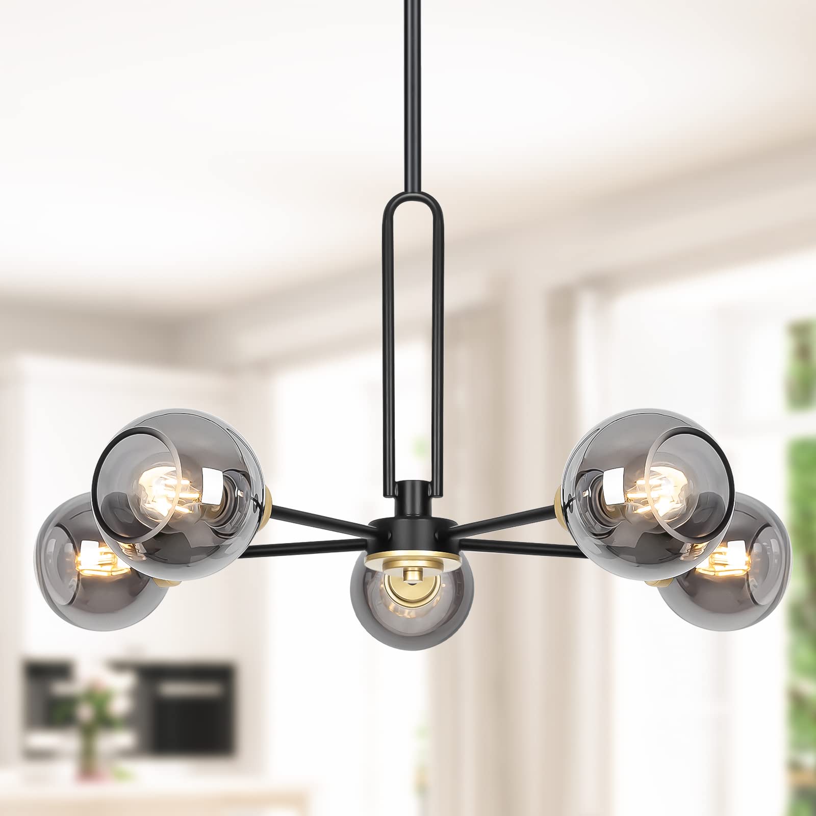 5-Light Globe Chandelier Pendant Lighting - Modern Large Semi-Flush Ceiling Light Fixture with Smoked Glass, Black Dining Room Light Fixture, Sputnik Light Fixture for Kitchen Living Room Bedroom