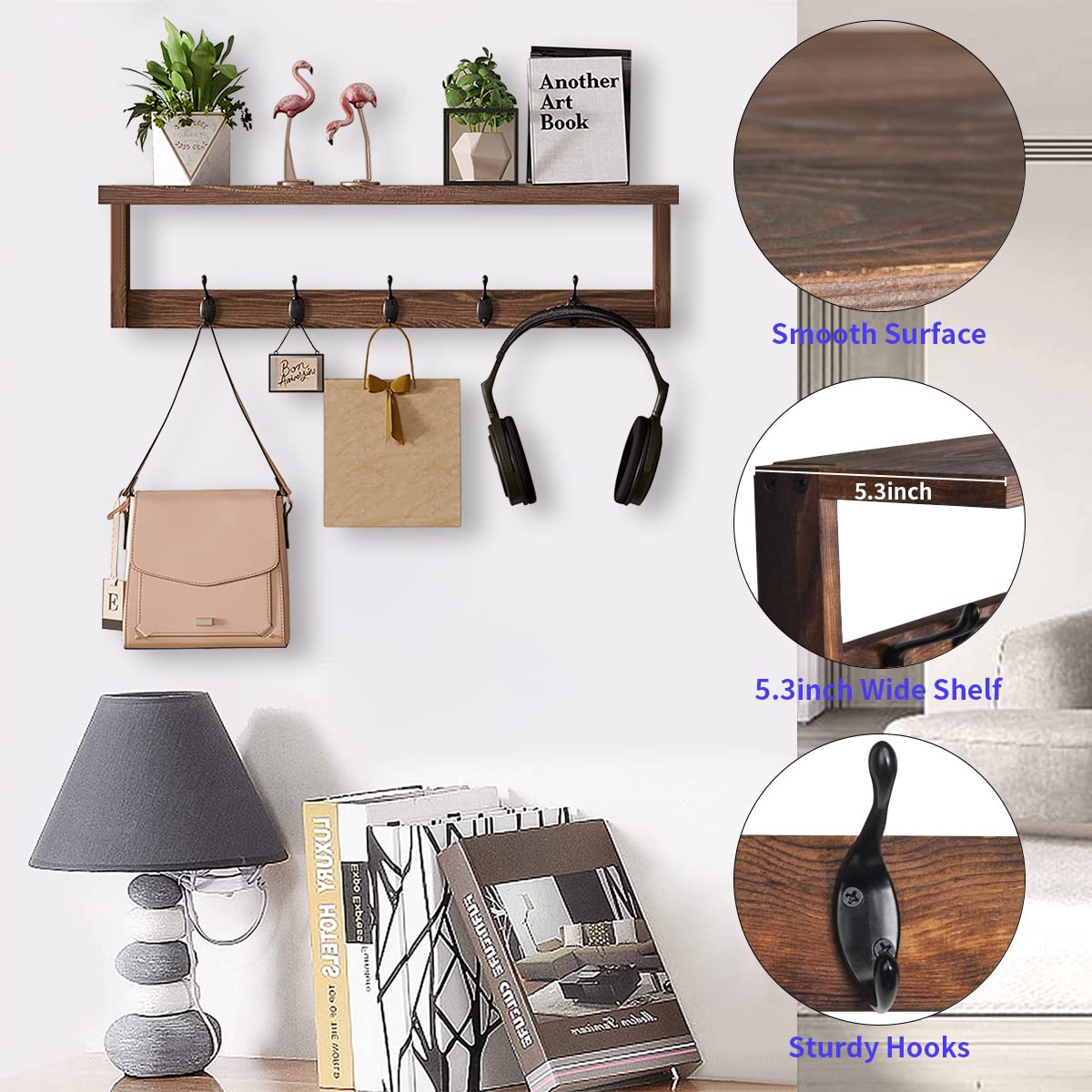 BEIUTAO 2 Pack Coat Rack Wall Mount with Shelf, Wood Wall Coat Rack with Hooks, Coat Hanger Wall Mount, Entryway Shelf for Clothes, Hats, Towel, Purse, for Living Room, Bedroom, Bathroom, Rustic Brown