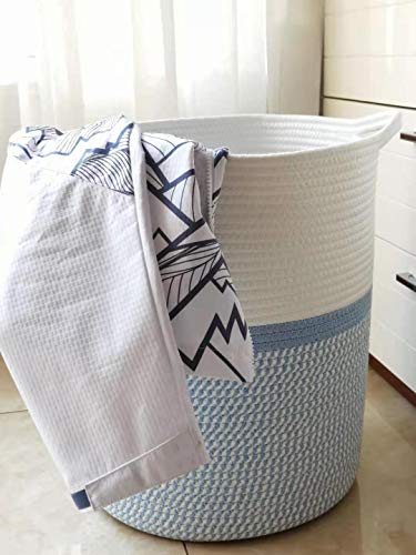 M Size Blue White Laundry Basket with Handles Toy Basket Clothes Hamper Home Decor Basket Towel Storage Woven Blanket Basket Cotton Rope Decorative Blanket Basket,Environmental Protection Material