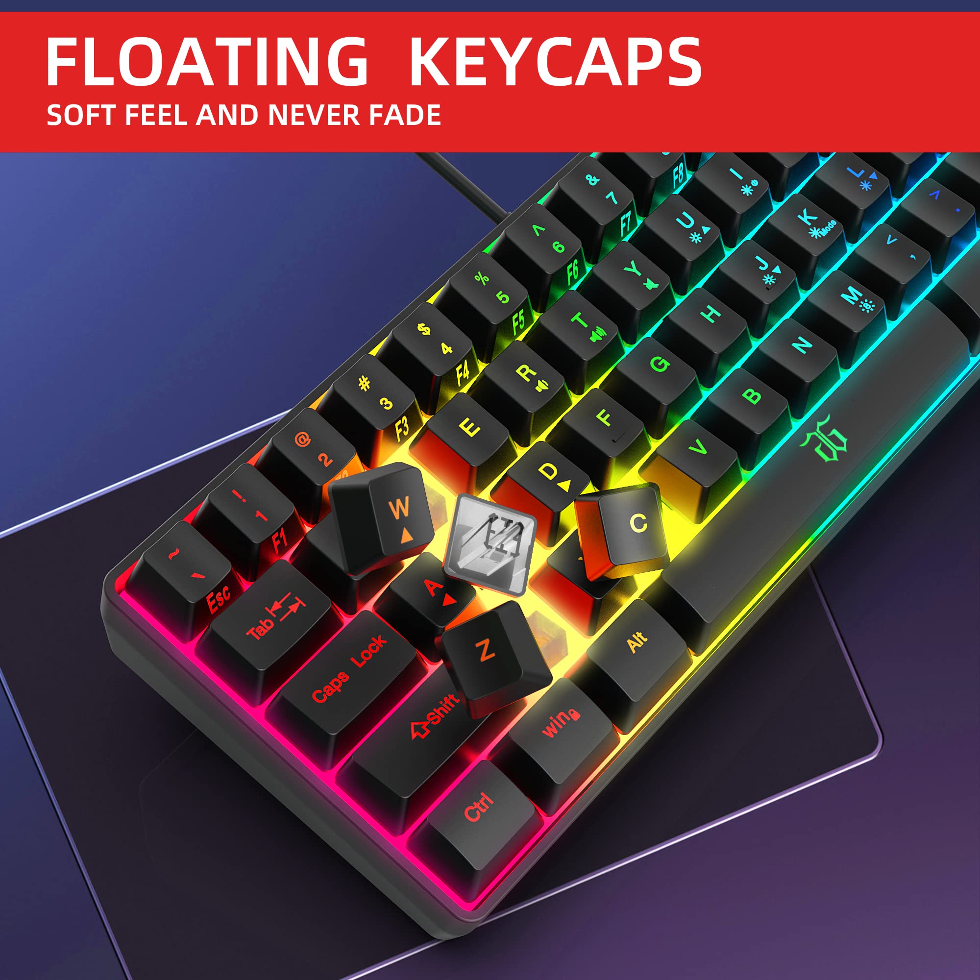 K60 61 Keys Multi Color RGB Illuminated LED Backlit Wired Gaming Keyboard, Waterproof Mini Compact 60 percent keyboard, for PC/Mac Gamer, Typist, Travel, Easy to Carry on Business Trip