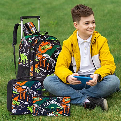 3PCS Rolling Backpack for Boys,Kids Dinosaur Bookbag with Roller Wheels, Suitcase School Bag Set for Toddler Elementary
