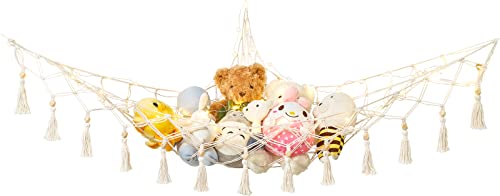 Dahey Stuffed Animal Storage Net Hammock with String Light Wall Corner Hanging Toys Storage Organizer Plush Net Toy Holder Hammock Macrame Tassels Boho Decor for Nursery Kid Playroom Bedroom