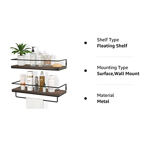 ZGO Floating Shelves for Wall Set of 2, Wall Mounted Storage Shelves with Metal Frame and Towel Rack for Bathroom, Kitchen, Bedroom