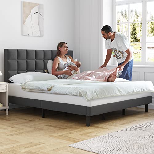 Molblly King Bed Frame Upholstered Platform with Headboard and Strong Wooden Slats,Non-Slip and Noise-Free,No Box Spring Needed, Easy Assembly,Dark Gray