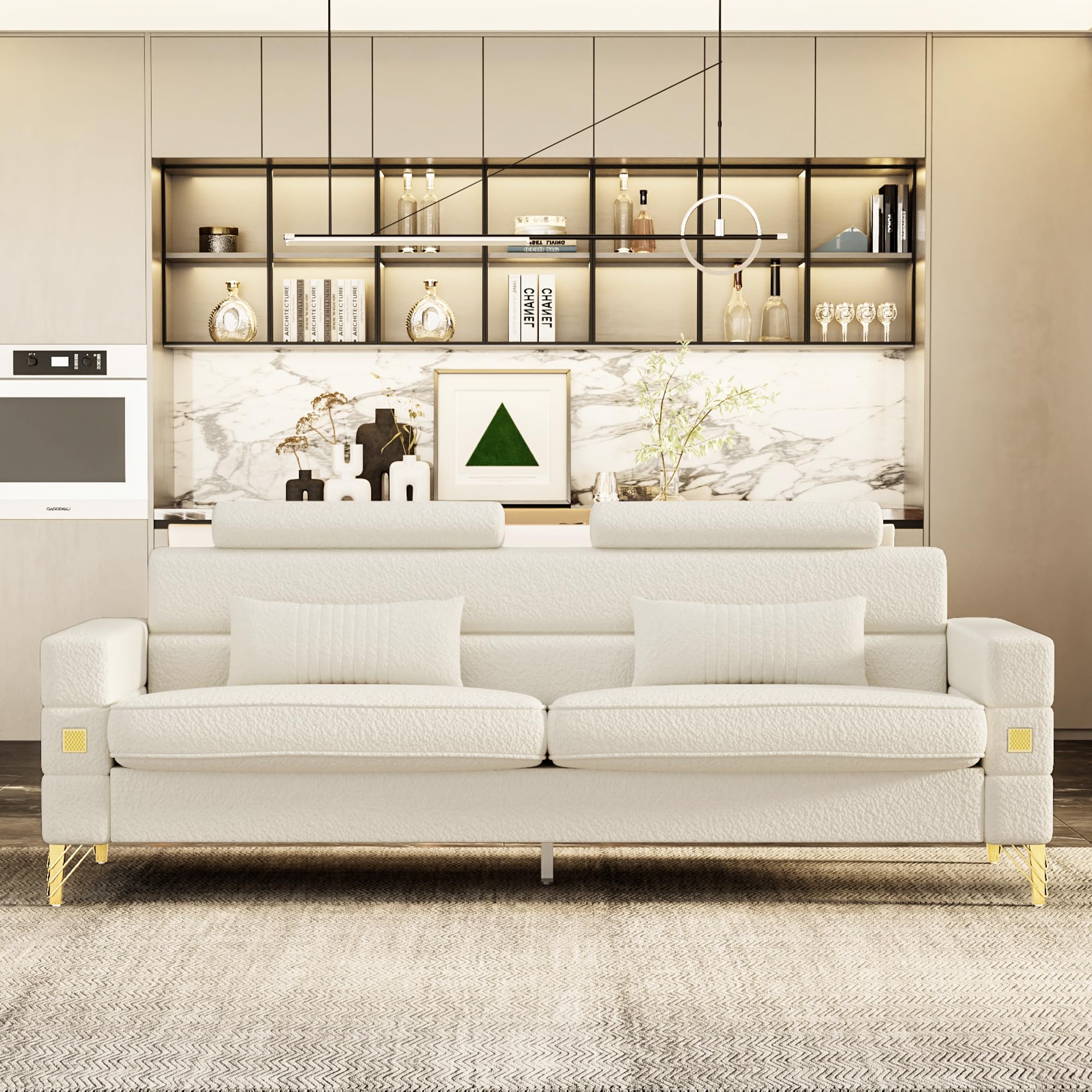 85 in 3-Seat Couch Velvet Couch, Mid Century Modern Couch Love Seats with Solid Wood Frame & 2 Same Color Pillows & Gold Couch Legs, Velvet Sofa Comfy Couch for Large Living Room Space(P17-White)