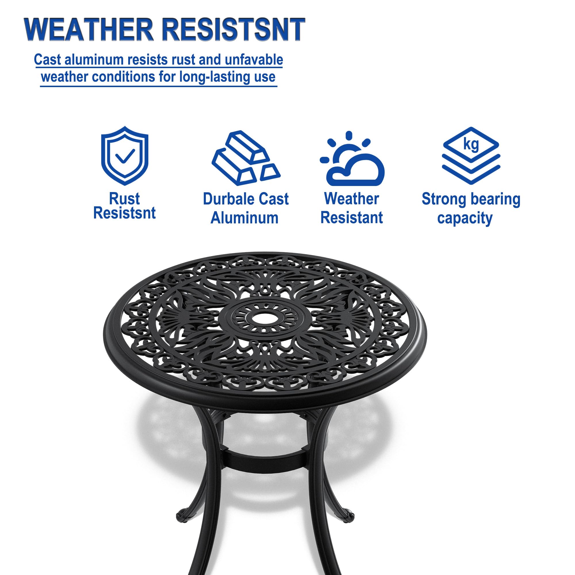 3-Piece Cast Aluminum Patio Bistro Sets Patio Table and Chairs Set of 2 with Umbrella Hole for Yard, Balcony, Lawn, Garden, Backyard