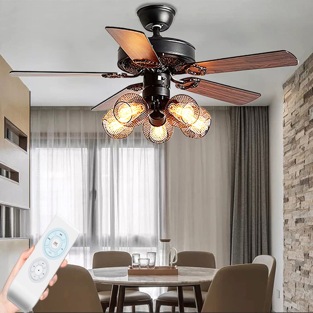 52" Farmhouse Ceiling Fan with Light Rustic Ceiling Fan with Light Ceiling Fan with Lights Remote Control Industrial Ceiling Fan with Light Vintage Ceiling Fan with Light for Bedroom Living Room