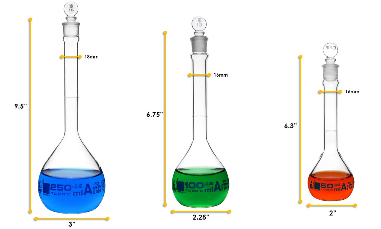 EISCO Premium Volumetric Flask Set - 50ml, 100ml & 250ml - Class A, ASTM E288 - Superior Durability & Chemical Resistance - Glass Penny Stoppers - Borosilicate 3.3 Glass