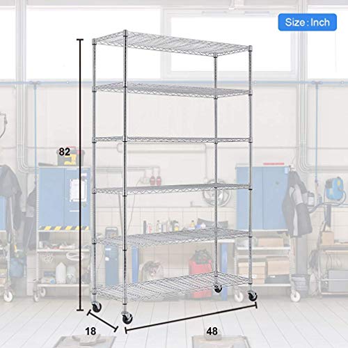 Tyyps Storage Metal Shelves Wire Shelf Organizer 6 Tier Wire Shelving Unit Heavy Duty Height Adjustable NSF Shelving Commercial Rolling Steel Rack 2100 Lbs Capacity with Wheels 82βX48βX18β,Chrome